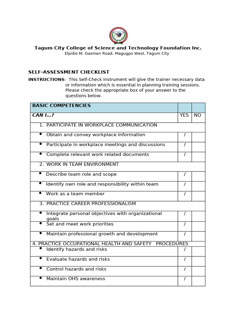 Self-Assessment Checklist (Forms 1-4 DONE | PDF | Electrical Wiring | Risk
