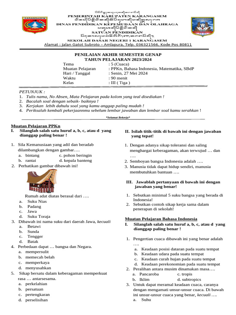 SOAL PAS KELAS 3 TEMA 5 2023 - 2024 | PDF