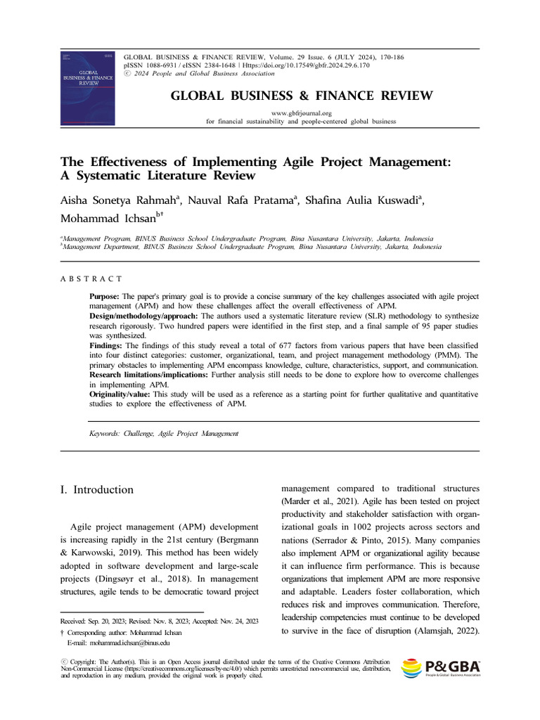 The Effectiveness of Implementing Agile Project Management - A Systematic Literature Review | PDF