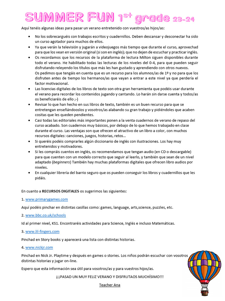 Ideas de Verano para 1º de Primaria | PDF | Estudios de idiomas extranjeros