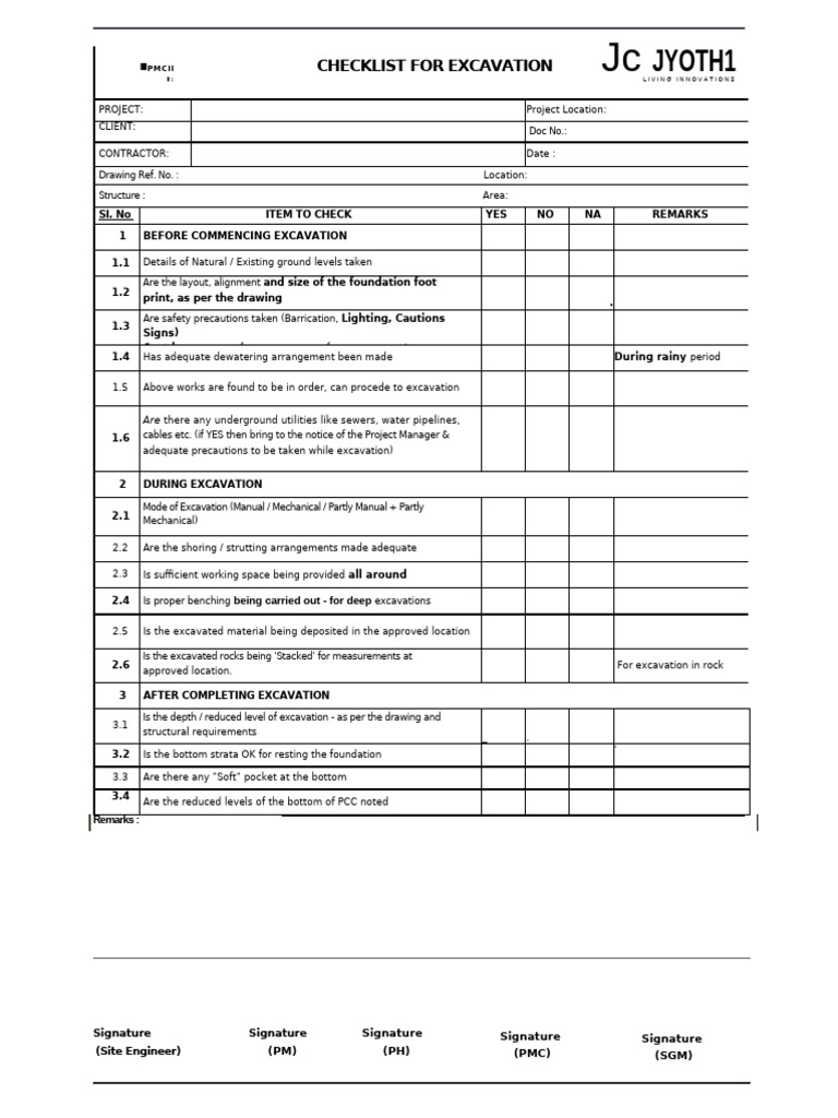Checklist For Excavation | PDF