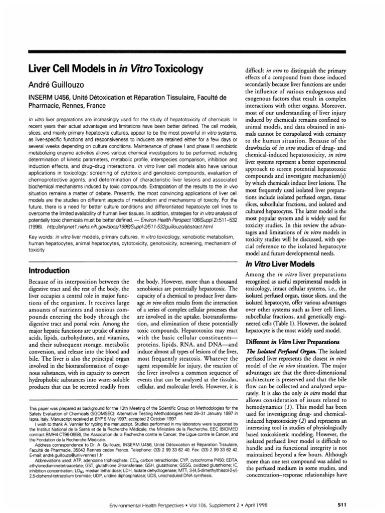 Liver cell models in in vitro toxicology | PDF