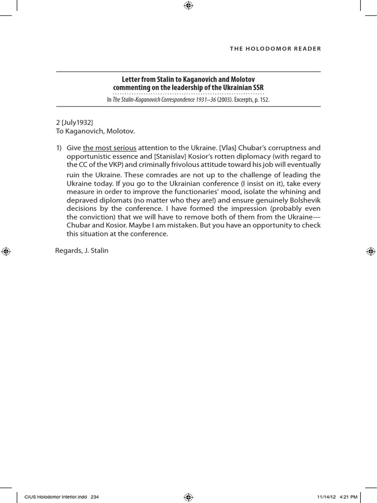 Letter From Stalin To Kaganovich and Molotov | PDF
