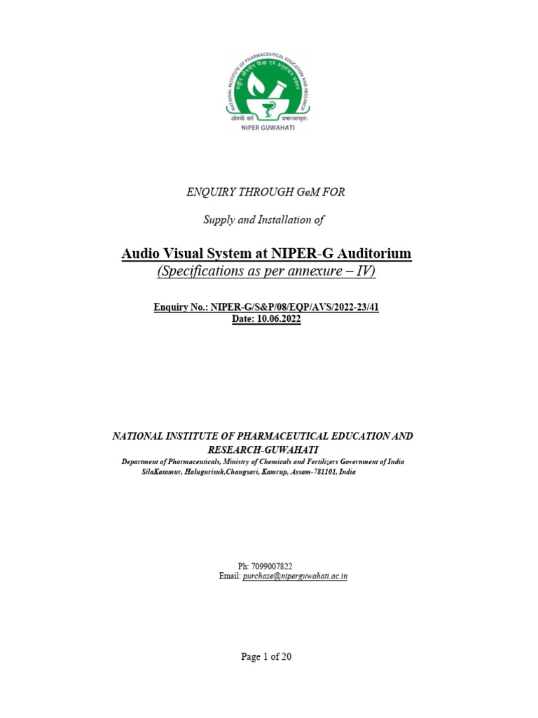 Audio Visual System at NIPER-G Auditorium (Specifications As Per ...
