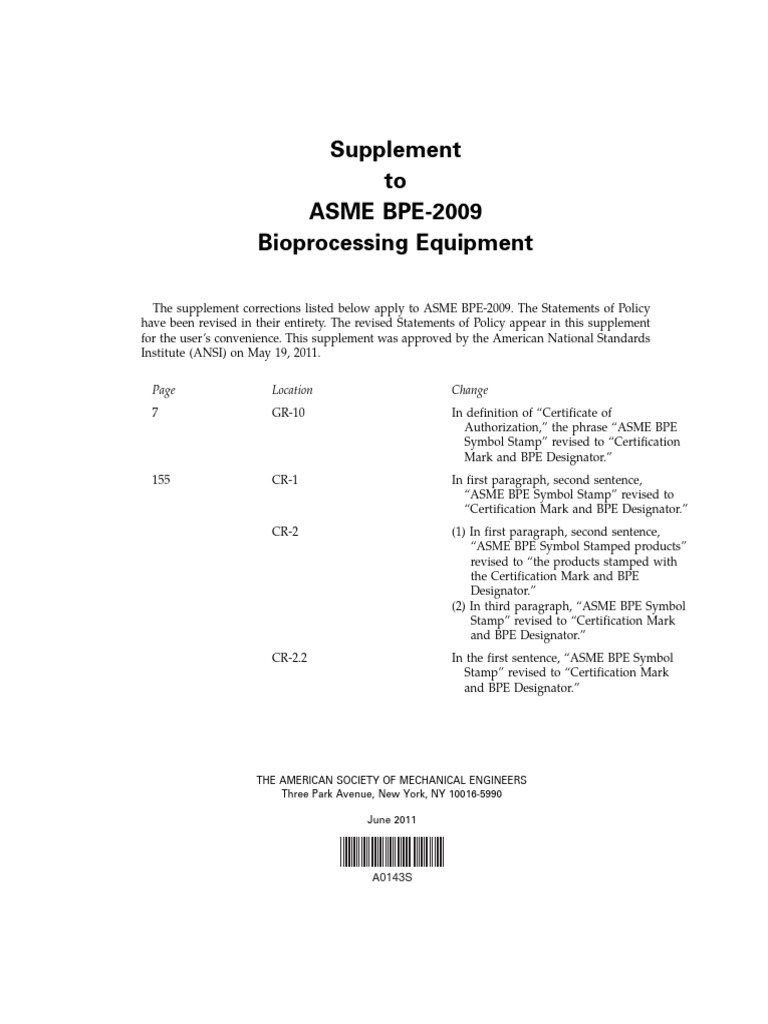 ASME BPE 2009 Supplement-2011 Bioprocessing Equipment | PDF