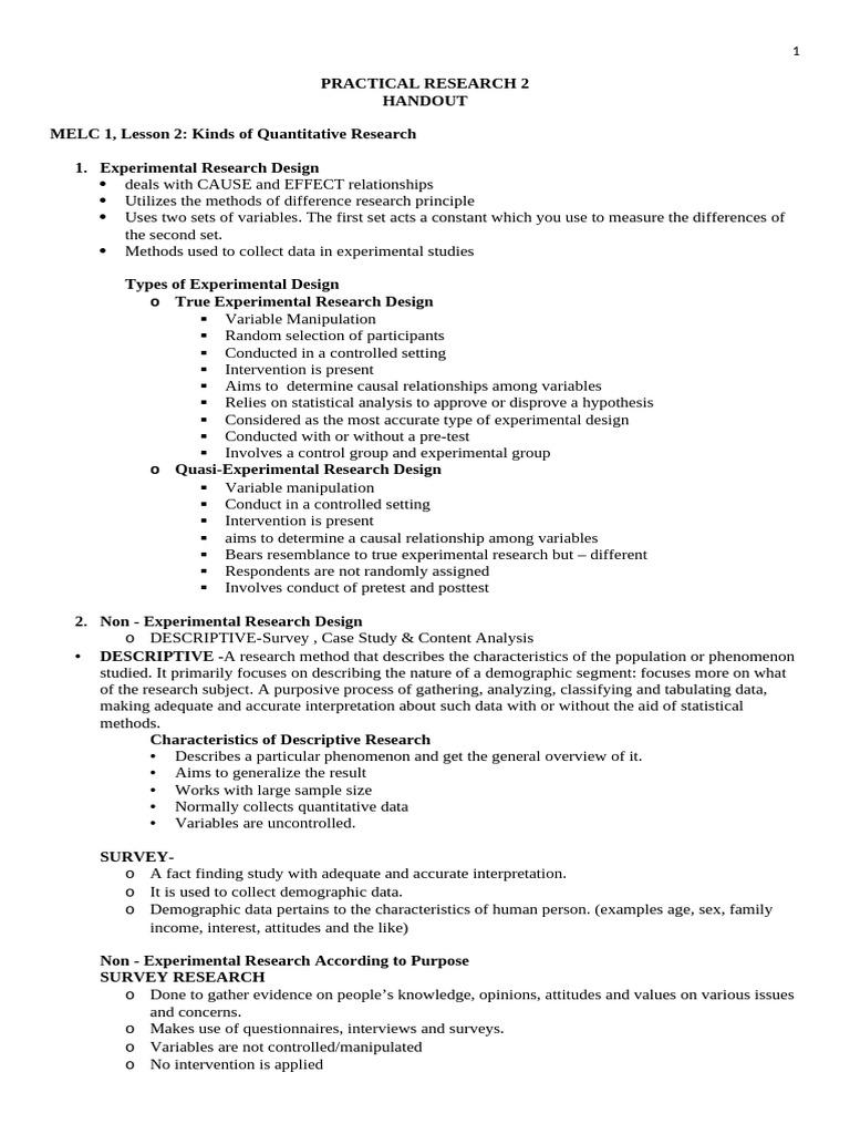 Handout PR2 Lesson 2 Kinds of Quantitative Research | PDF