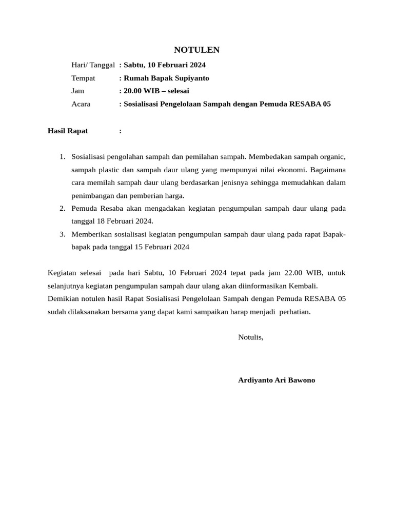 NOTULEN Rapat Sosialisasi Pengelolaan Sampah Dengan Resaba RT 05 | PDF