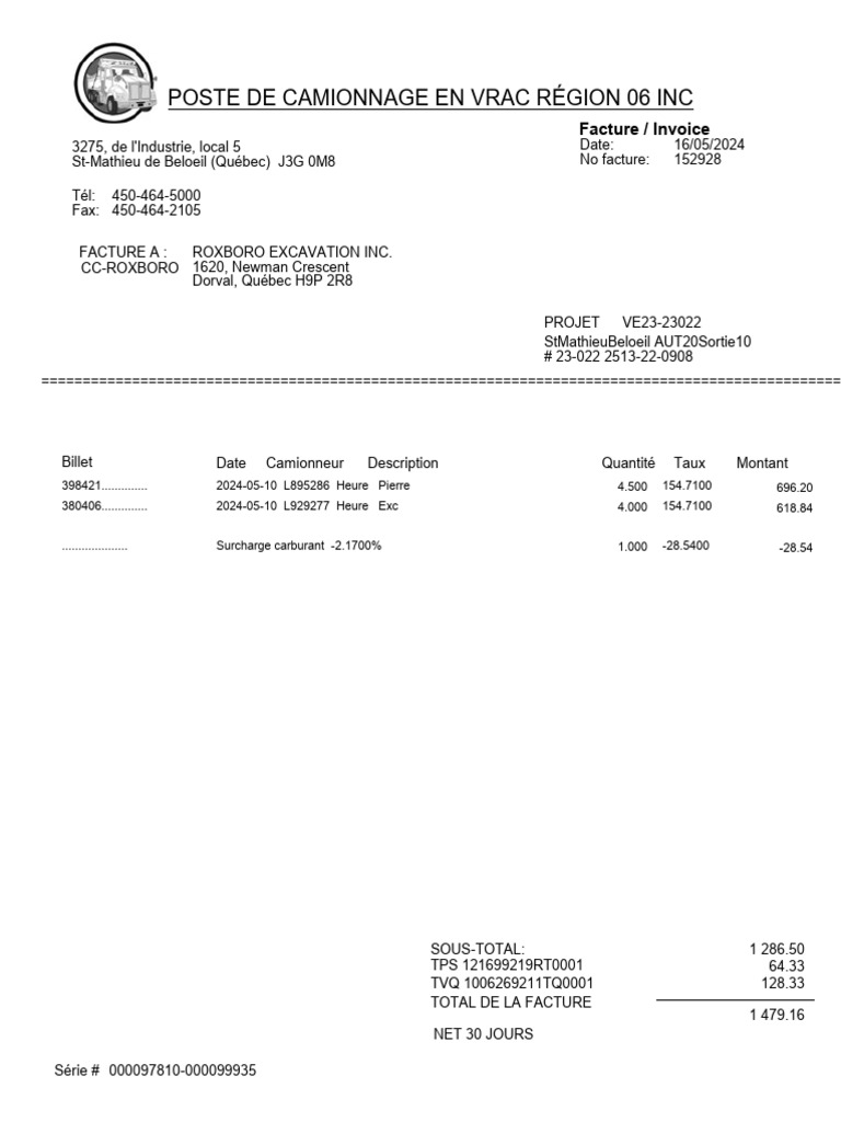 Poste de Camionnage en Vrac Région 06 Inc: Facture / Invoice | PDF