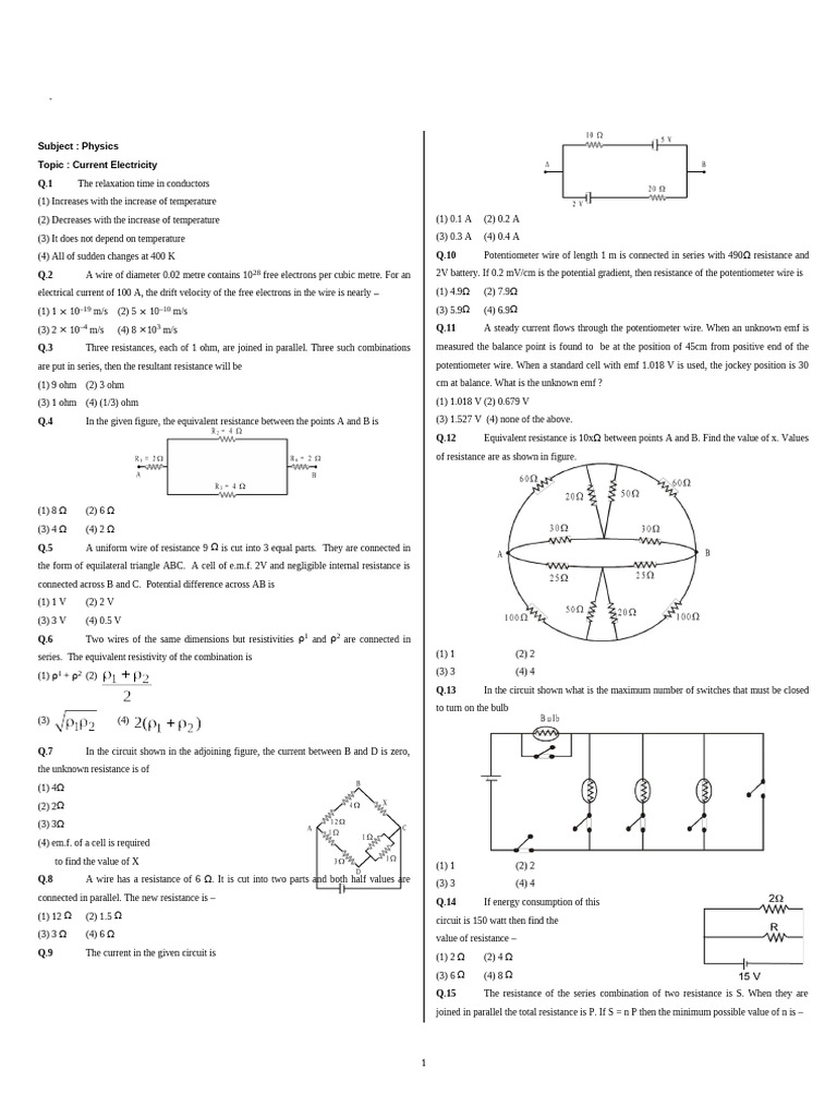 Physics Exam: Current Electricity | PDF | Electrical Resistance And Conductance | Physical Sciences