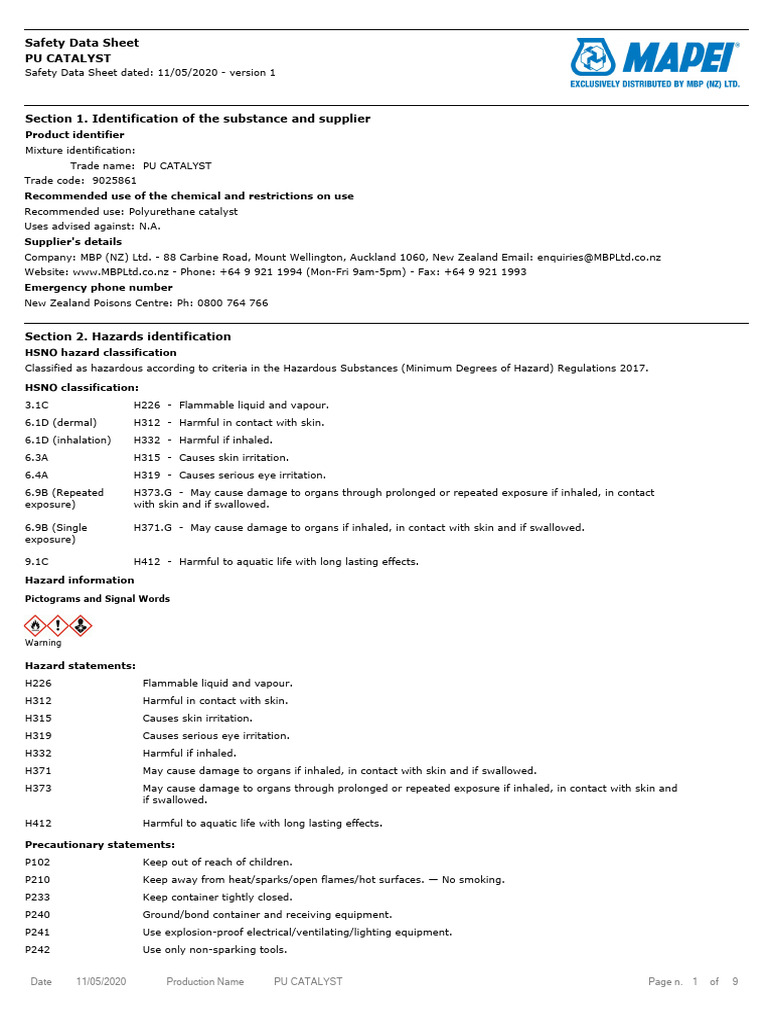Pu Catalyst - NZL Sds - 11 05 2020 | PDF