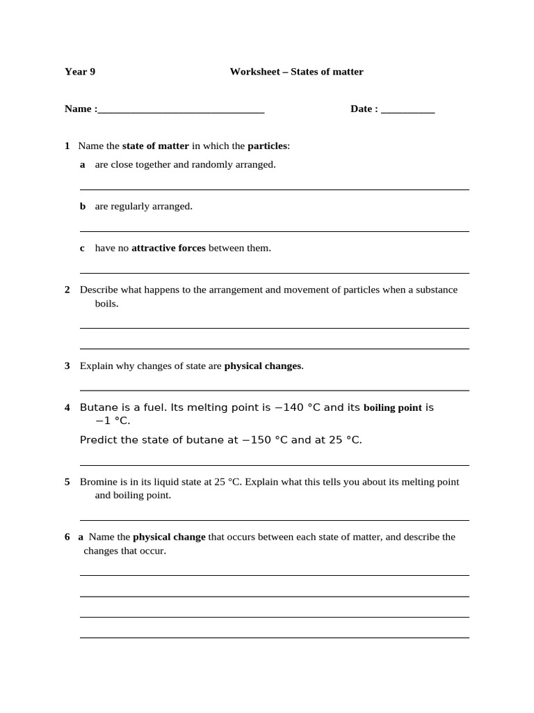 Year 9 Worksheet-States of Matter Week1 | PDF