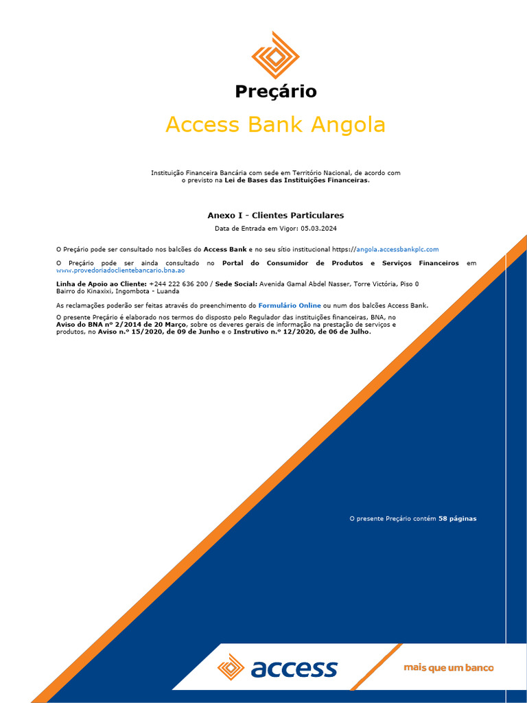 Access Bank Angola Preçário Anexo I Clientes Particulares - Anexo II ...