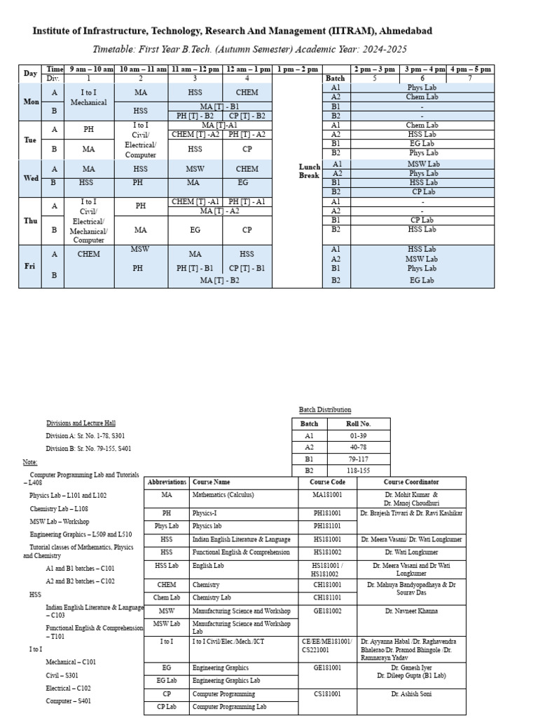 Timetable-1st Year B. Tech. - Aug.2024 | PDF