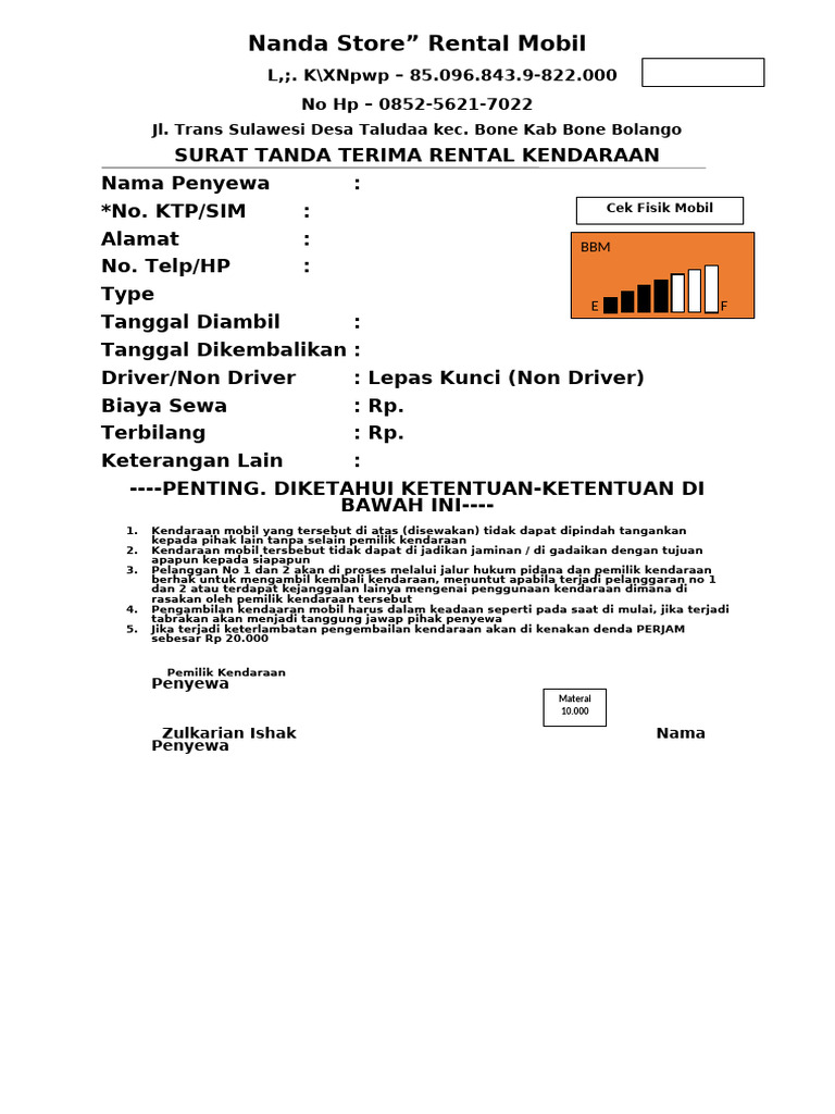 Nota RENTAL MOBIL | PDF