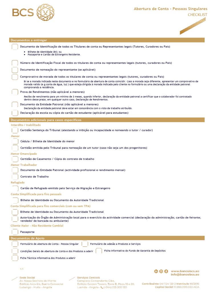 Checklist Abertura de Conta Pessoa Singular | PDF