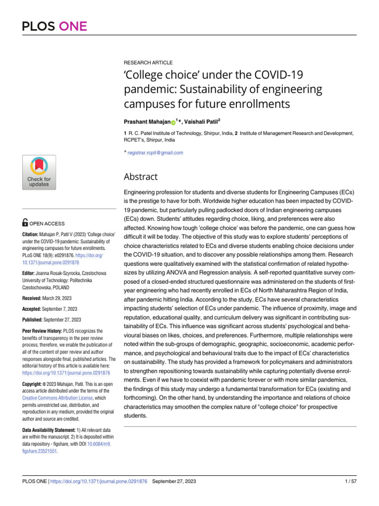 PLOS ONE College Choice Under The COVID19 | PDF | Cost Of Living ...