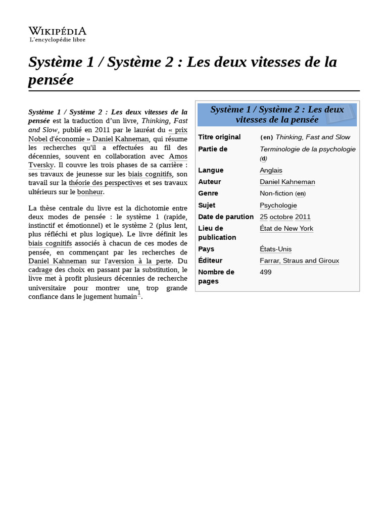 Système 1 Système 2 Les Deux Vitesses de La Pensée | PDF