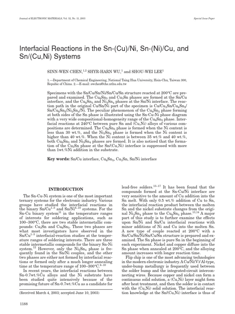 Interfacial Reactions in The SN - (Cu) /ni, SN - (Ni) /cu, and SN/ (Cu, Ni) Systems | PDF