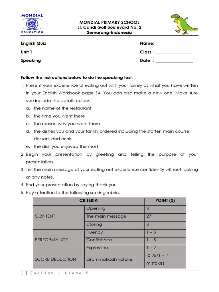 English Speaking Test G5 | PDF