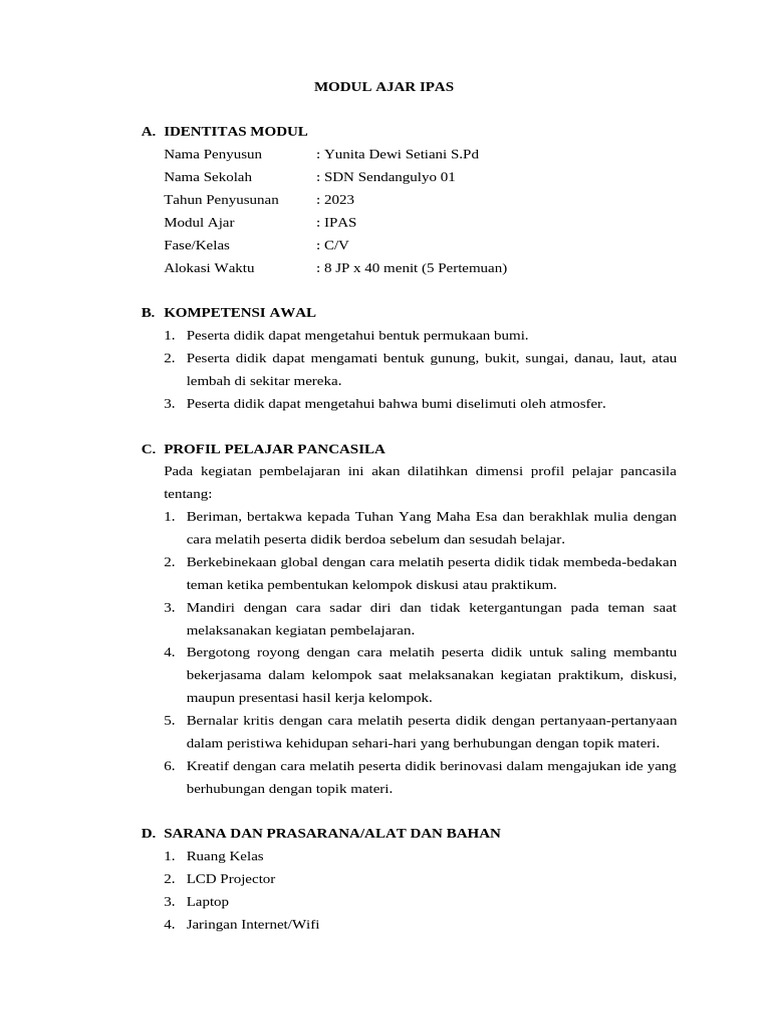 RPP - IPAS - KELAS 5 - SEMESTER 1 - Berkenalan Dengan Bumi Kita | PDF | Karier & Perkembangan ...
