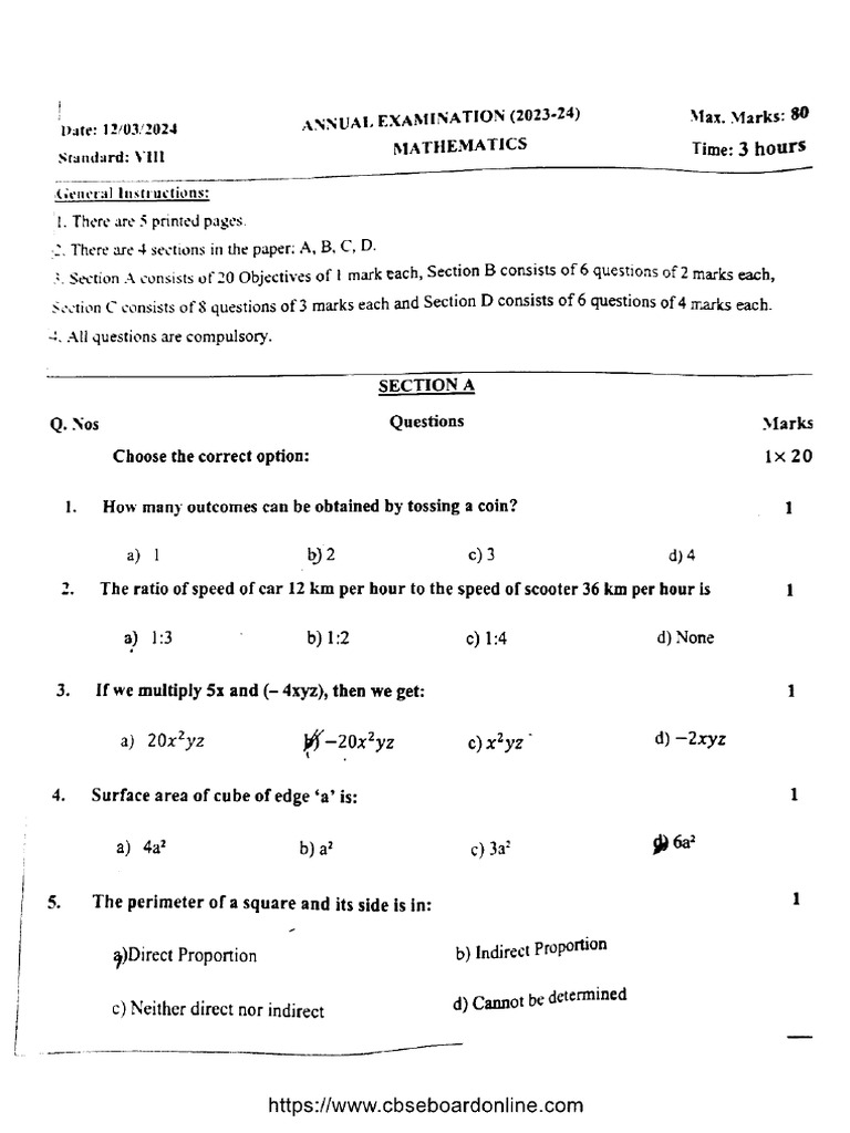 Cbse Class 8 Mathematics 010424 Mar 2024 | PDF