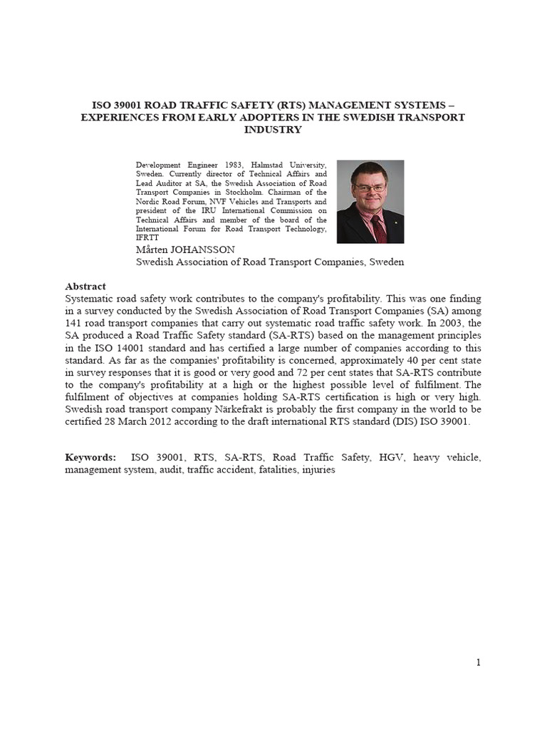 Iso 39001 Road Traffic Safety (RTS) Management Systems Johanssony | PDF