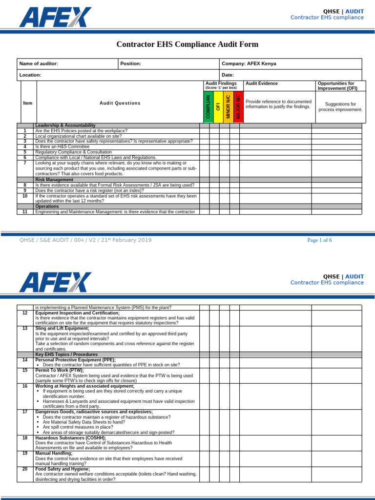 004 Contractor EHS Compliance Audit Form | PDF