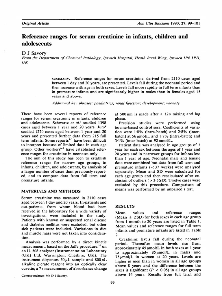 Savory 1990 Reference Ranges For Serum Creatinine in Infants Children ...