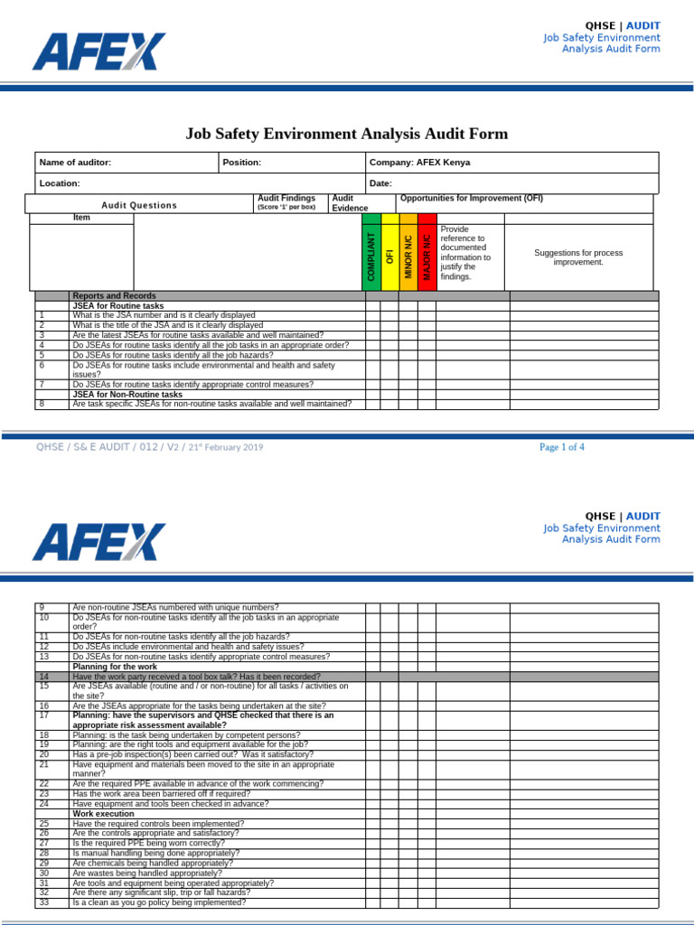 012_Job Safety Environment Analysis _Audit_Form | PDF