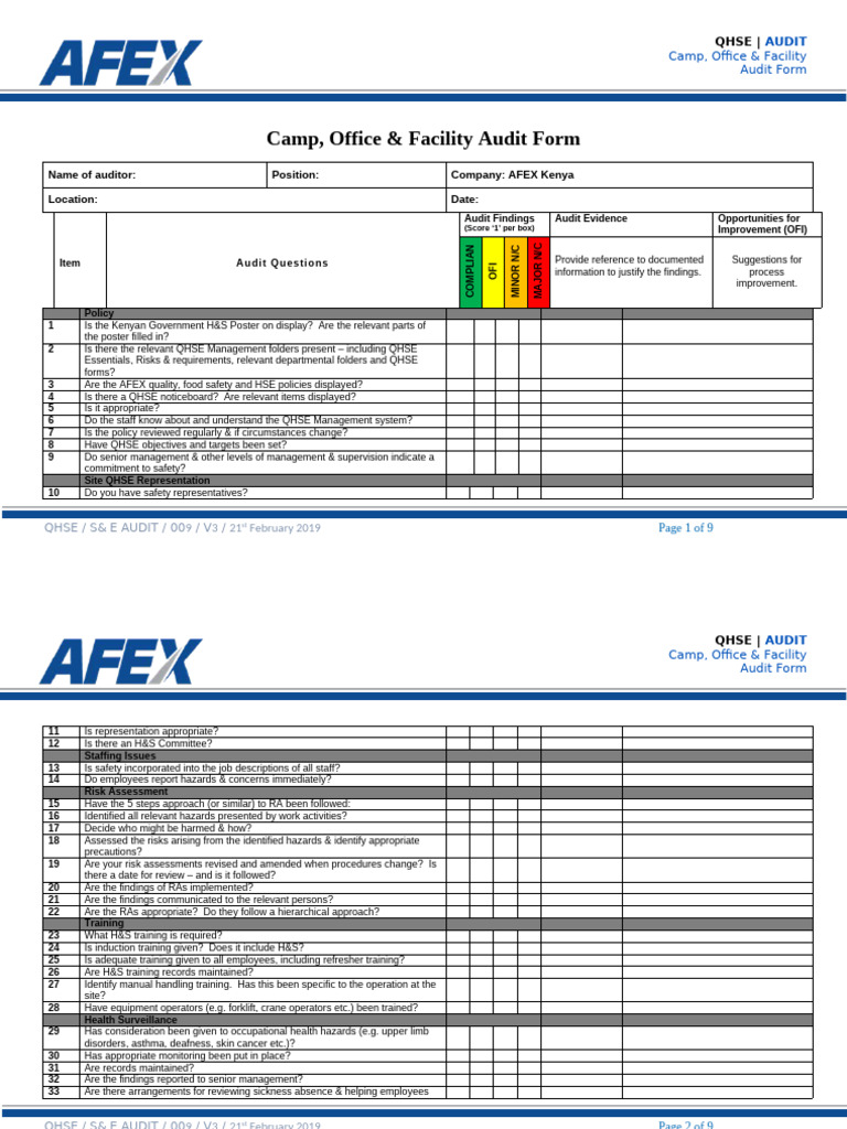 009 Camp Office & Facility Audit Form | PDF