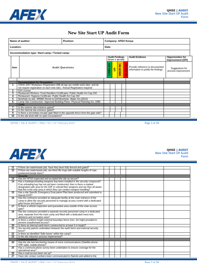 008 New Site Start Up Audit Form | PDF