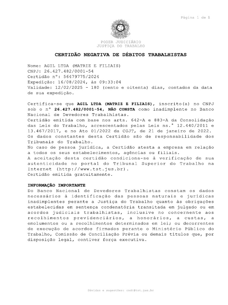 CNDT Validade 12.02.2025 | PDF