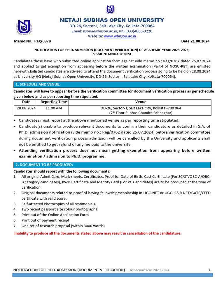 PHD Admission Notification For AY 2023 2024-2 | PDF