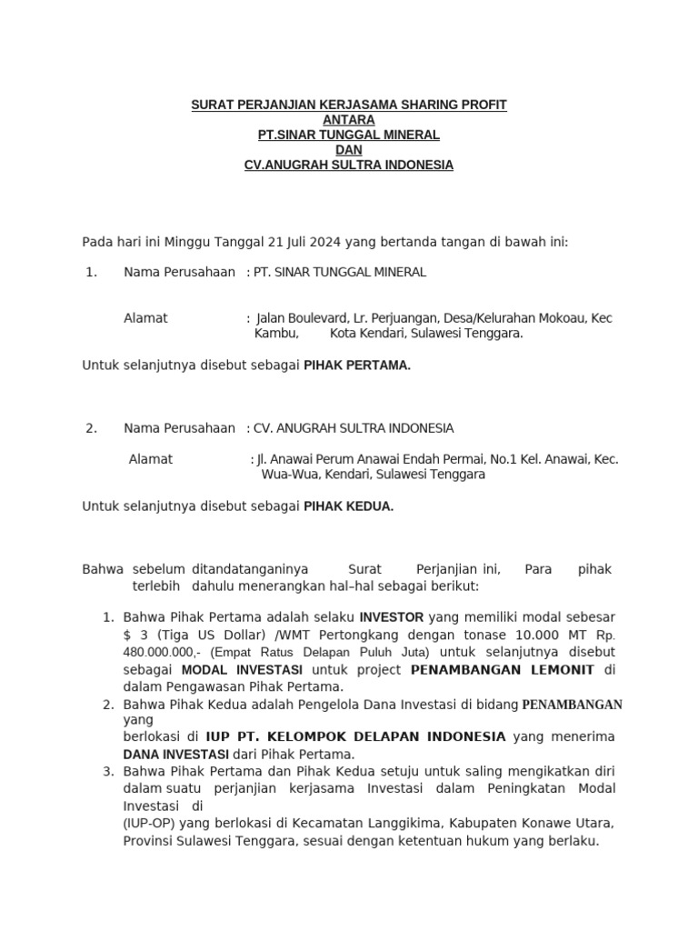 Surat Perjanjian Investasi Modal | PDF | Hukum