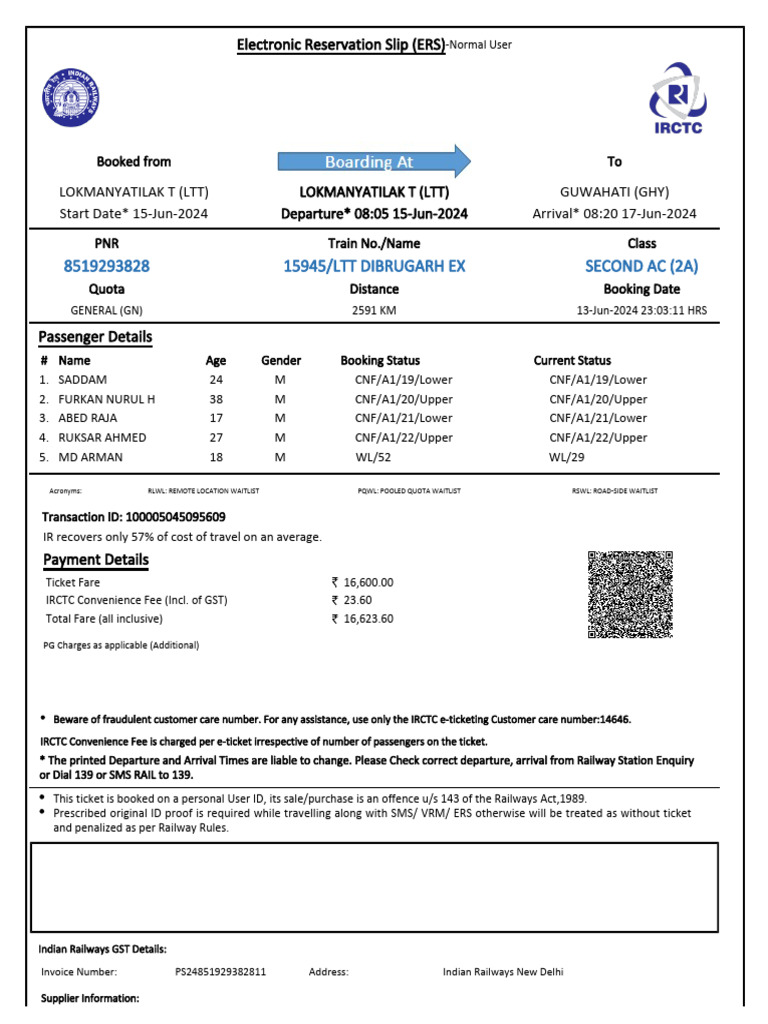 15945/Ltt Dibrugarh Ex Second Ac (2A) | PDF