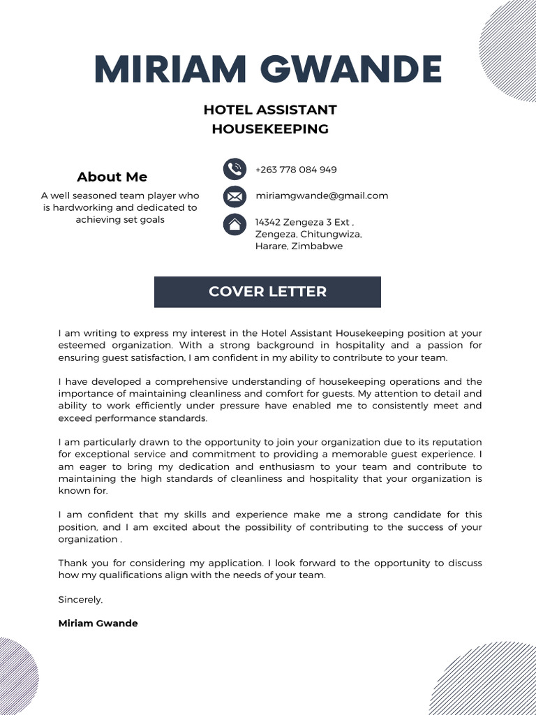 Miriam Gwande Hotel Assistant Housekeeping Cover Letter-1 | PDF