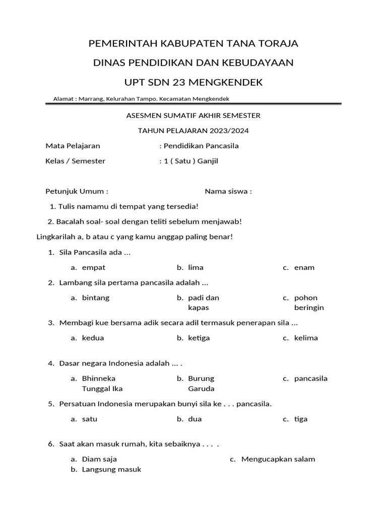 Soal Semester Ganjil Kelas 1 2023 | PDF