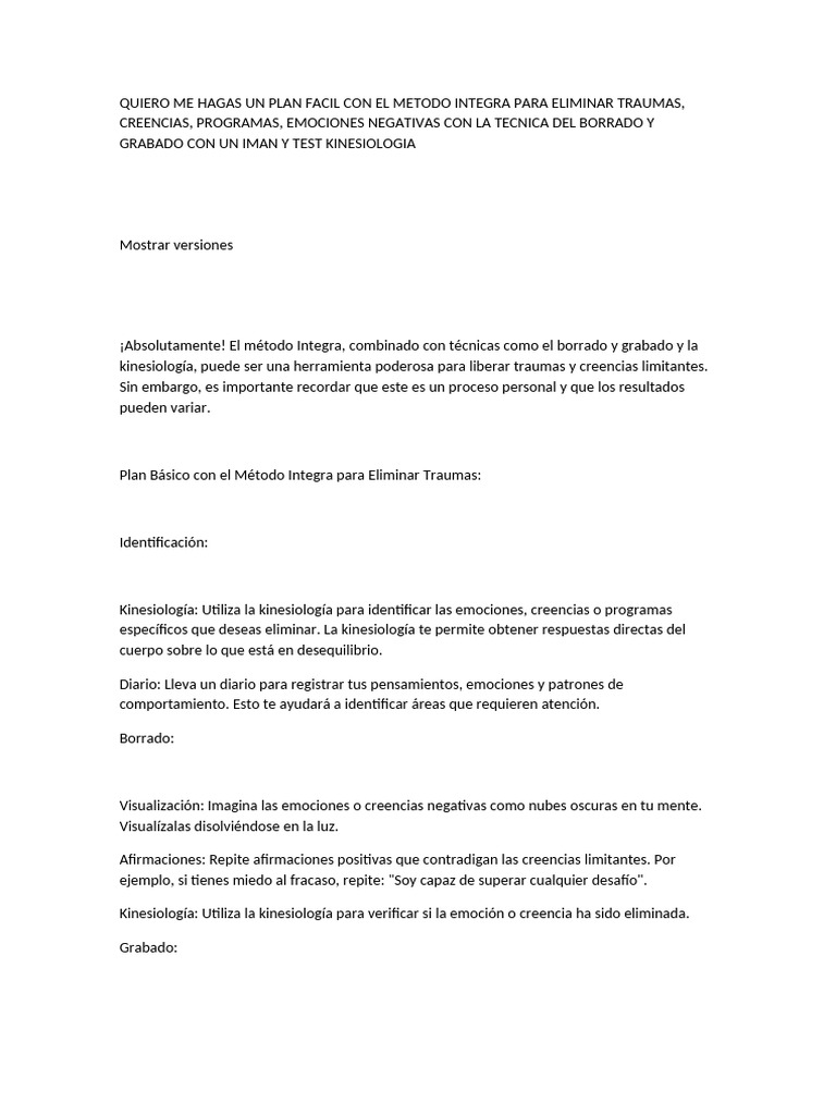 Quiero Me Hagas Un Plan Facil Con El Metodo Integra para Eliminar Traumas | PDF