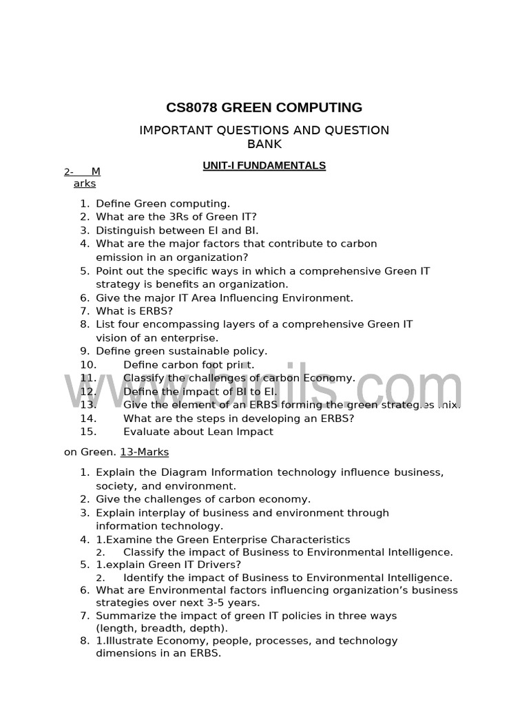 CS8078 GREEN COMPUTING Reg 17 QUESTION BANK | PDF | Enterprise Architecture | Business Process ...