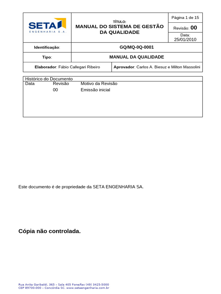 Manual Da Qualidade - SETA | PDF