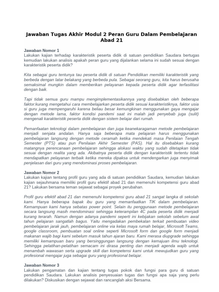 Jawaban Tugas Akhir Modul 2 Peran Guru Dalam Pembelajaran Abad 21 | PDF Jawaban Tugas Akhir Modul 2 Peran Guru Dalam Pembelajaran Abad 21 | PDF