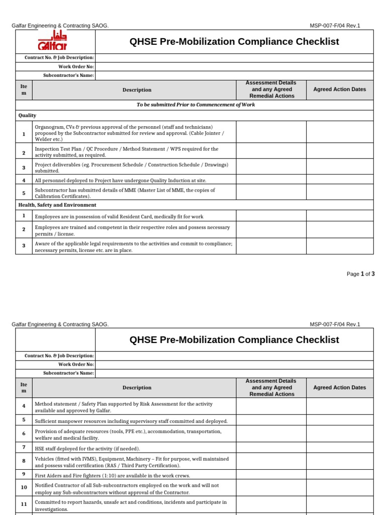 Annexure 03 - QHSE Pre-Mobilization Checklist | PDF