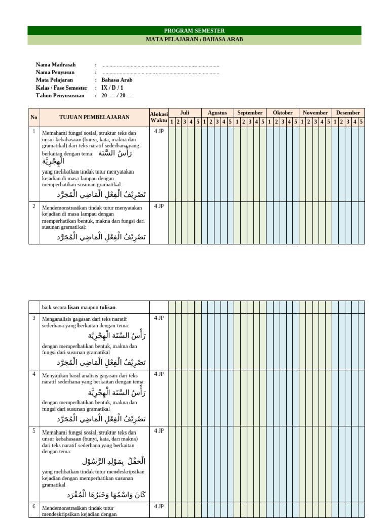 Prosem Bahasa Arab 9 Mts | PDF