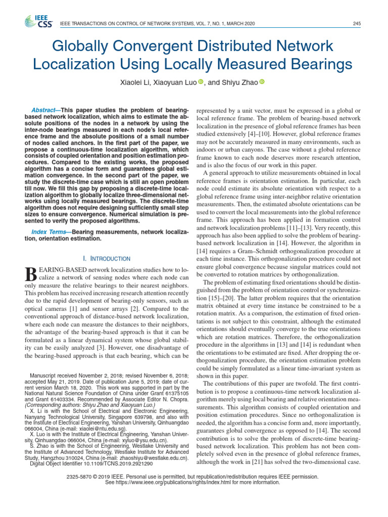 Globally Convergent Distributed Network Localization Using Locally Measured Bearings | PDF