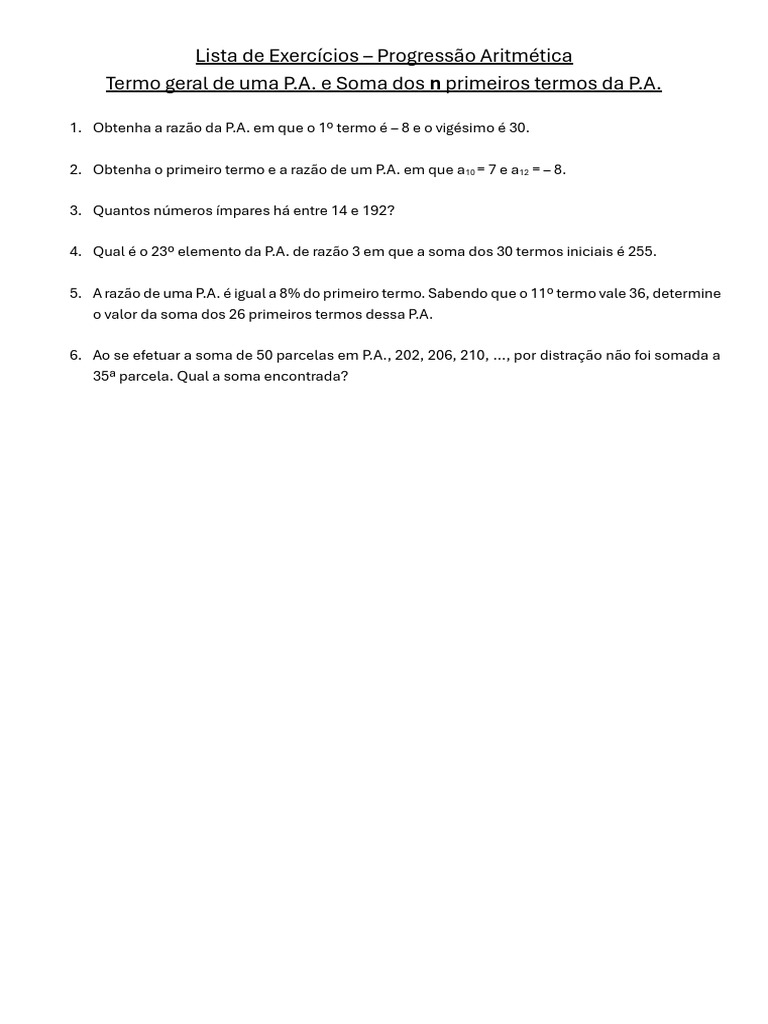 Lista de Exercícios Progressão Aritmética 1admtec Tarde | PDF