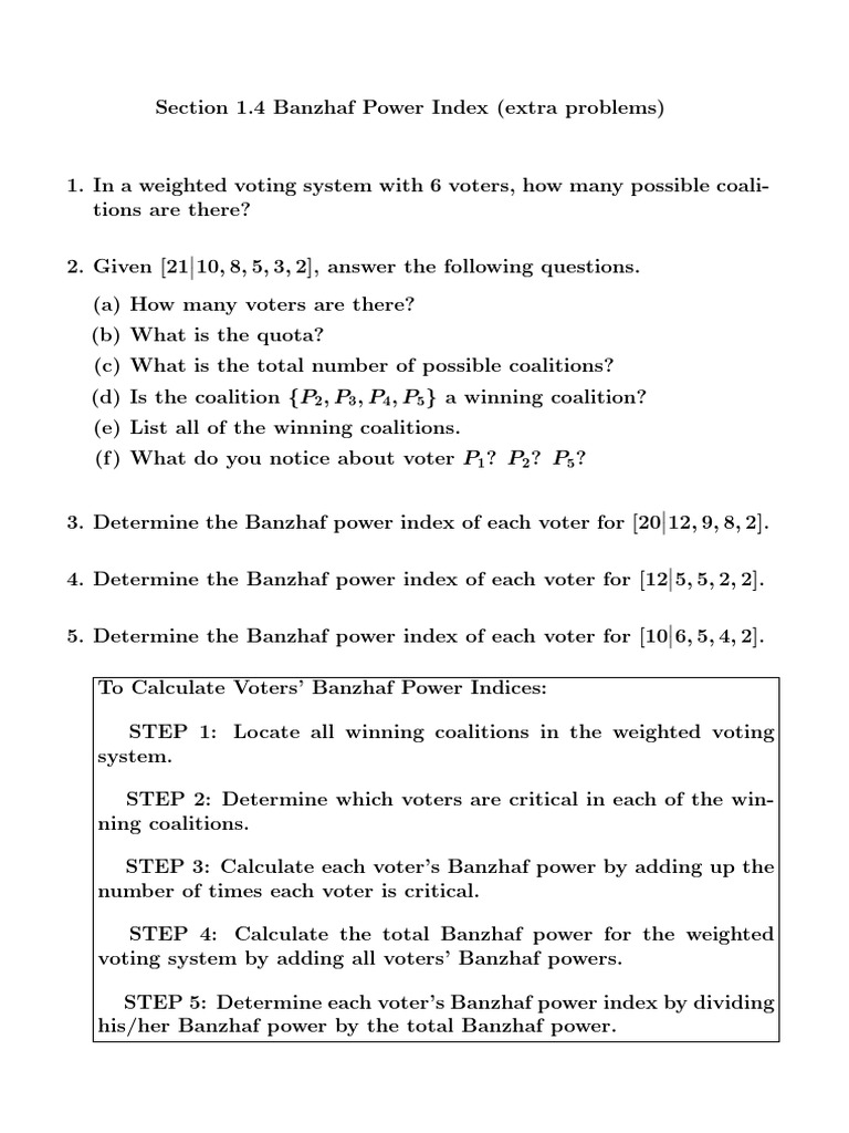Banzhaf power index worksheet | PDF