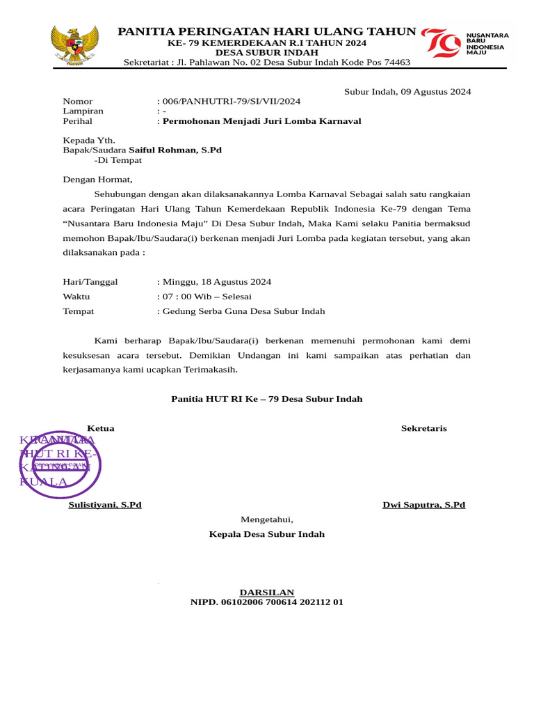 Surat Permohonan Jadi Juri Karnaval | PDF