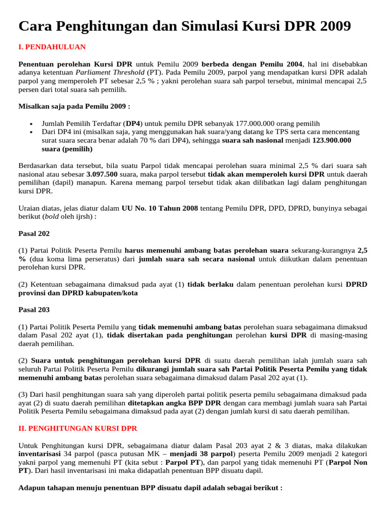 Cara Penghitungan Dan Simulasi Kursi DPR-RI, DPRD I, DPRD II Pemilu 2009 | PDF