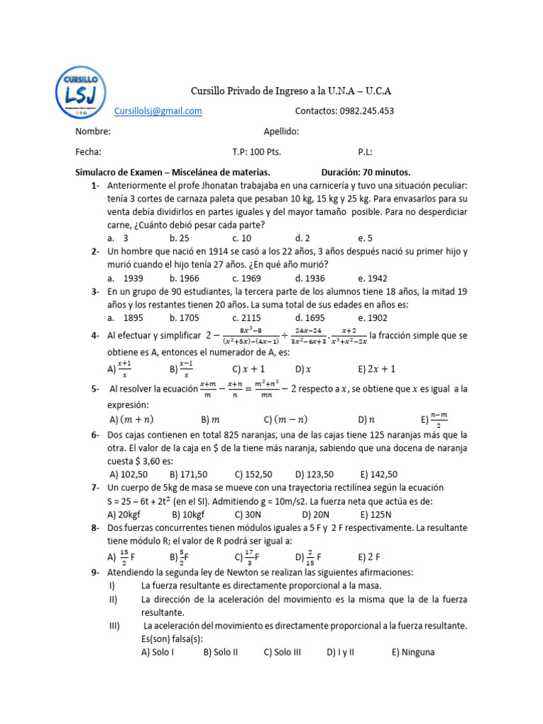 Examen Miselanea Mat - Fis.quim - Caste | PDF
