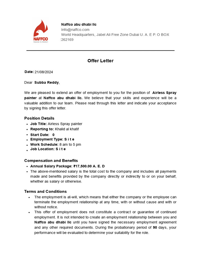 Subba Reddy Offer Letter | PDF | Employment | Finance & Money Management